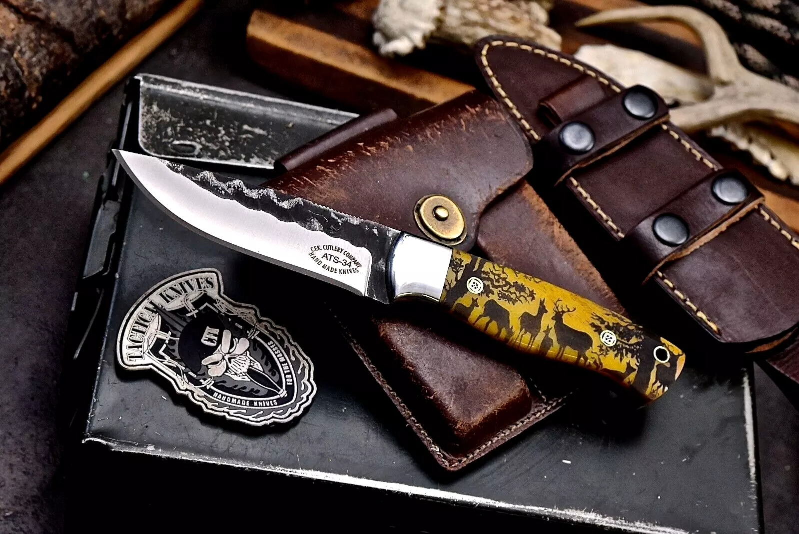 Lot #013 CFK ATS 34 Custom HUNTING DEER SCENE SCRIMSHAW Bone Hunting ...